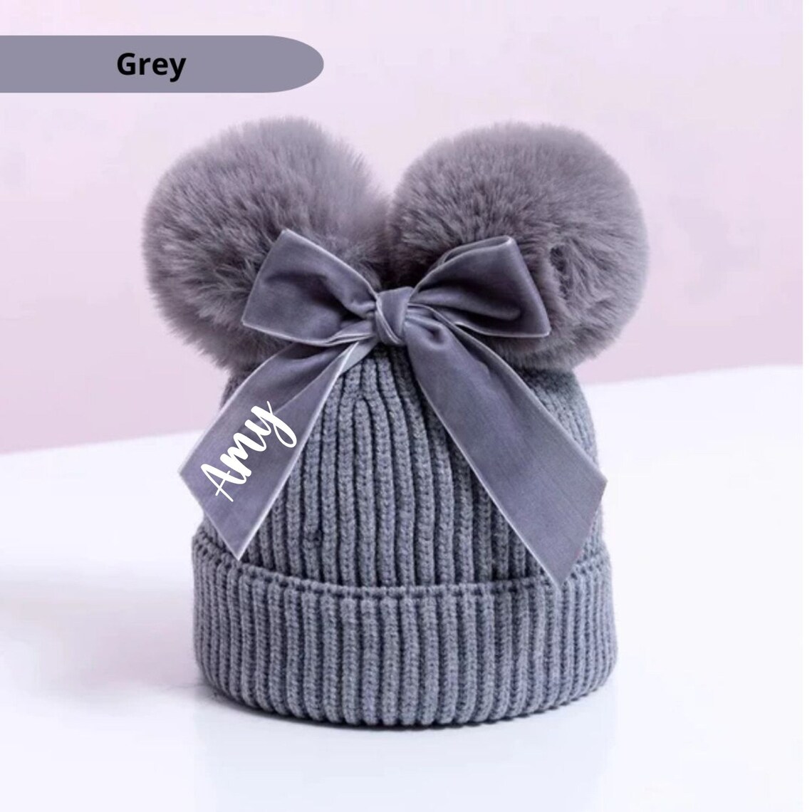Girls Brown Pom Pom Hat, Personalised Hat, Double Bobble Hat, Toddler ...