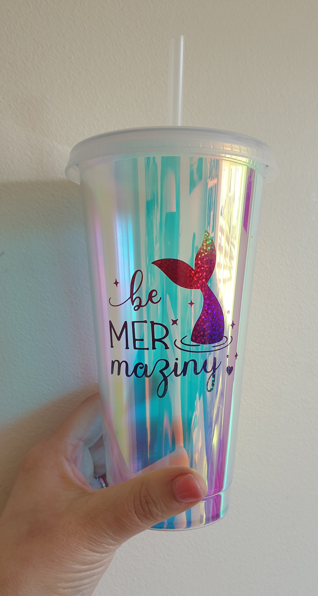 Mermaid Holographic Cold Cup With Straw, Custom Tumbler, Sea Theme ...