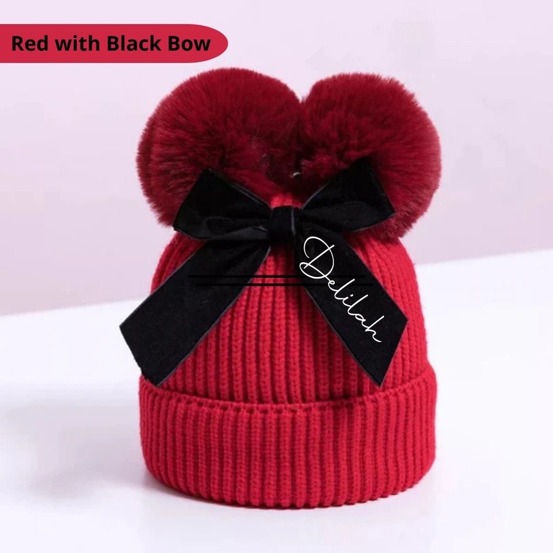 Girls Brown Pom Pom Hat, Personalised Hat, Double Bobble Hat, Toddler ...