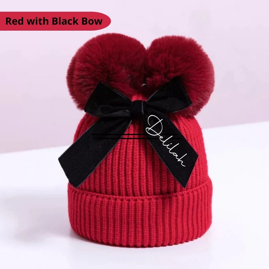 Girls Brown Pom Pom Hat, Personalised Hat, Double Bobble Hat, Toddler ...