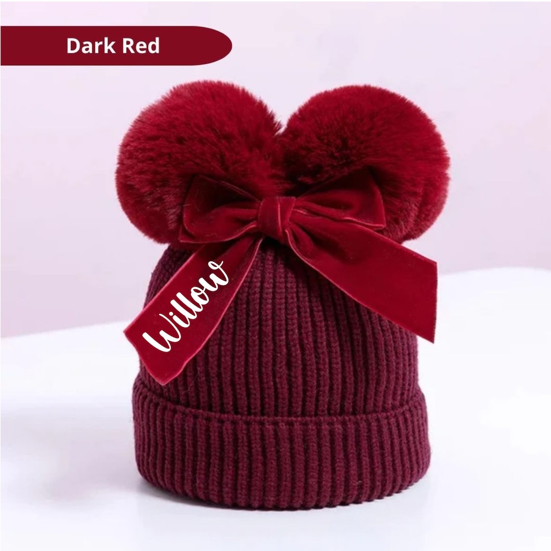 Girls Red Pom Pom Hat, Personalised Hat, Double Bobble Hat, Toddler ...