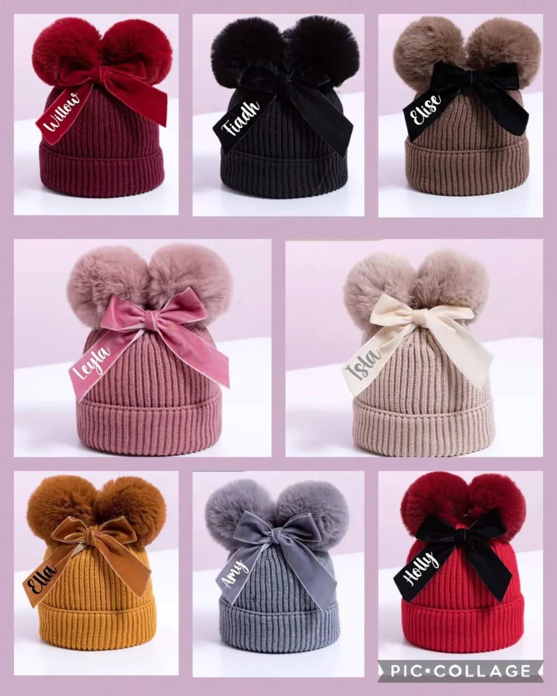 Girls Brown Pom Pom Hat, Personalised Hat, Double Bobble Hat, Toddler ...