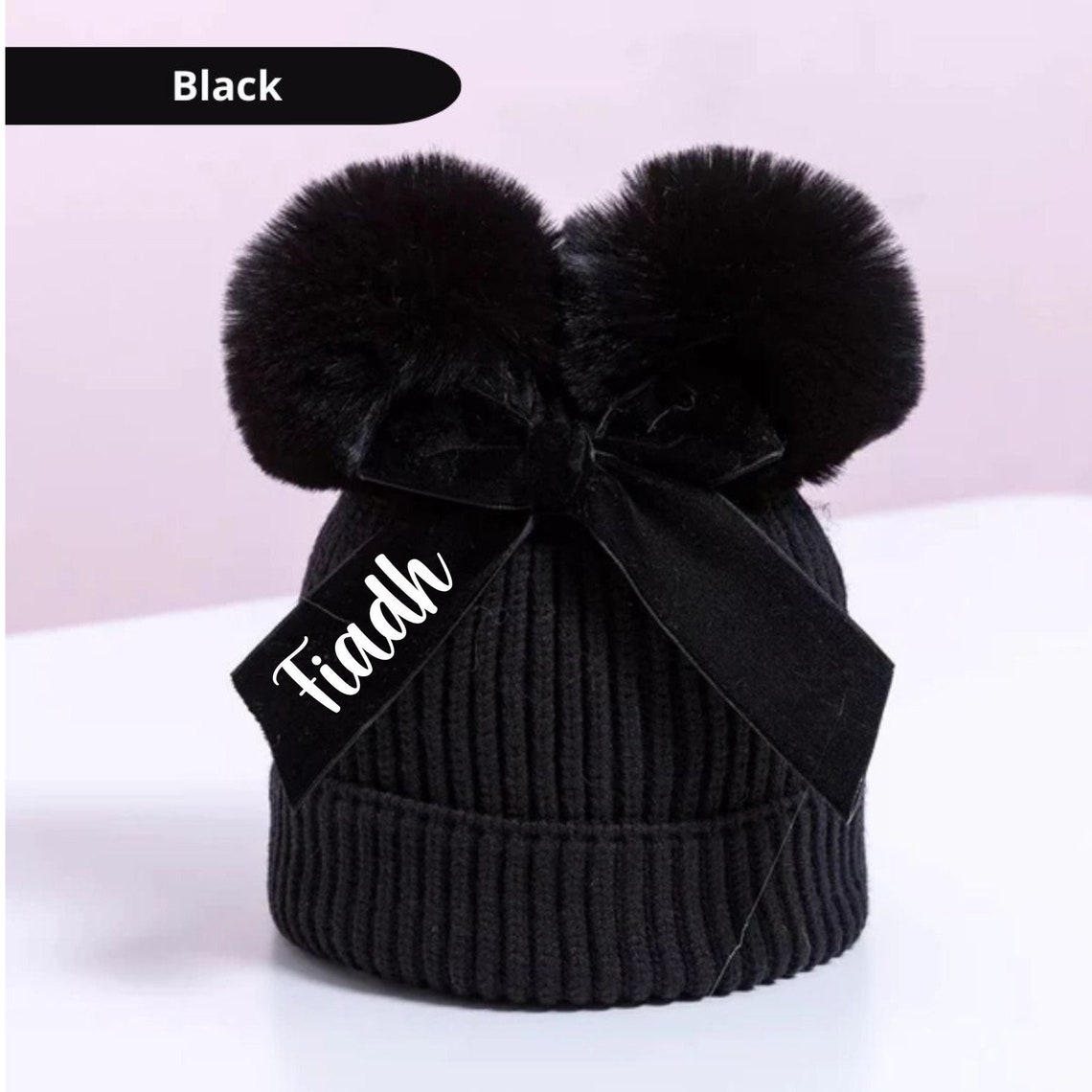Girls Brown Pom Pom Hat, Personalised Hat, Double Bobble Hat, Toddler ...