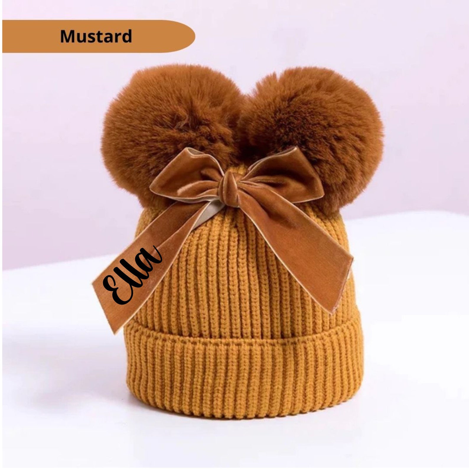 Girls Brown Pom Pom Hat, Personalised Hat, Double Bobble Hat, Toddler ...
