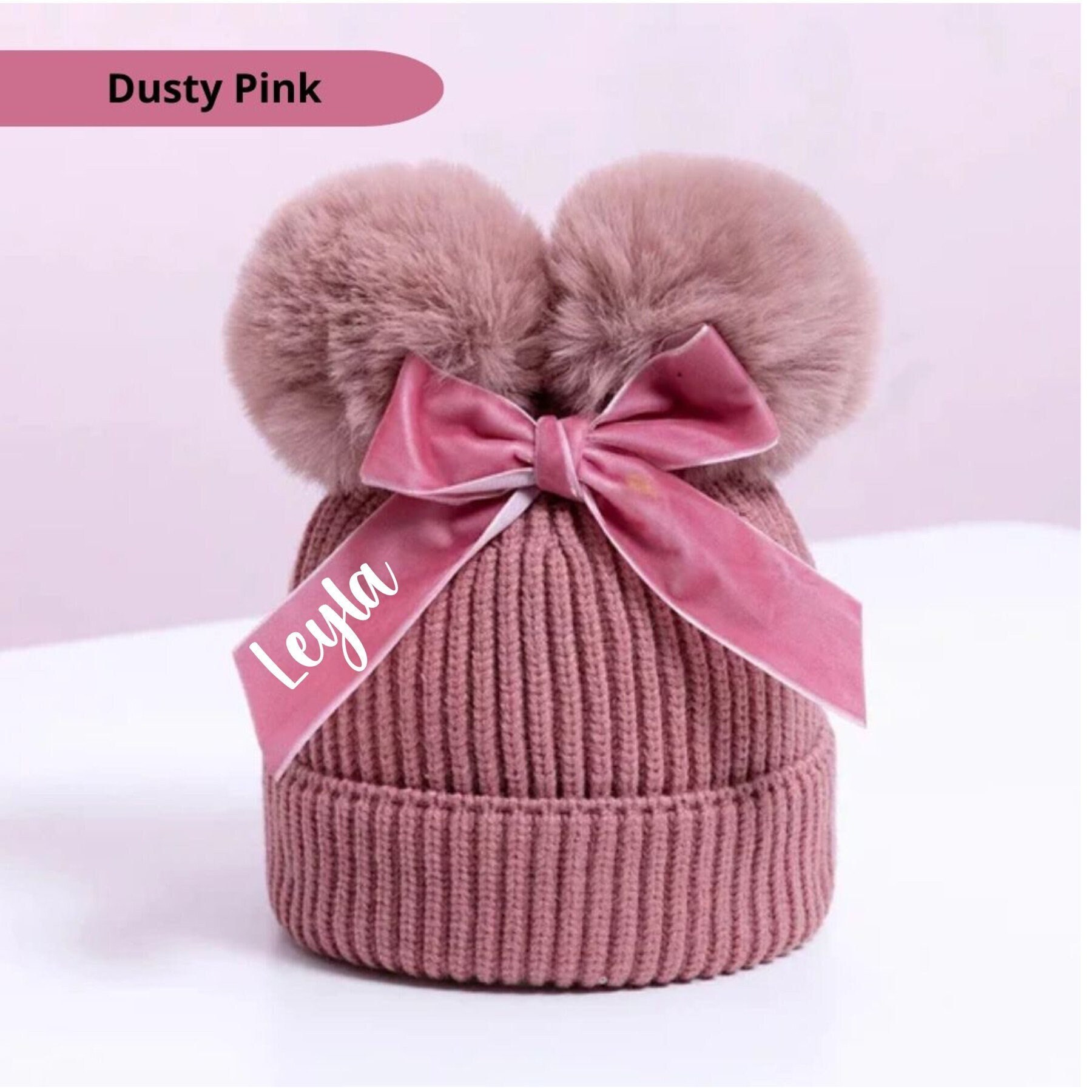 Girls Brown Pom Pom Hat, Personalised Hat, Double Bobble Hat, Toddler ...