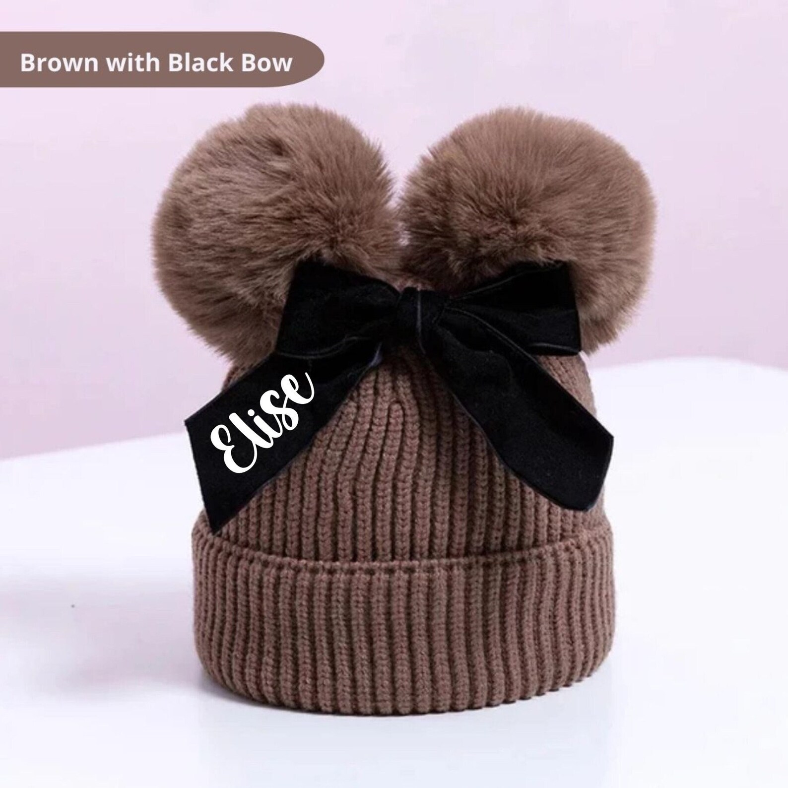 Girls Brown Pom Pom Hat, Personalised Hat, Double Bobble Hat, Toddler ...