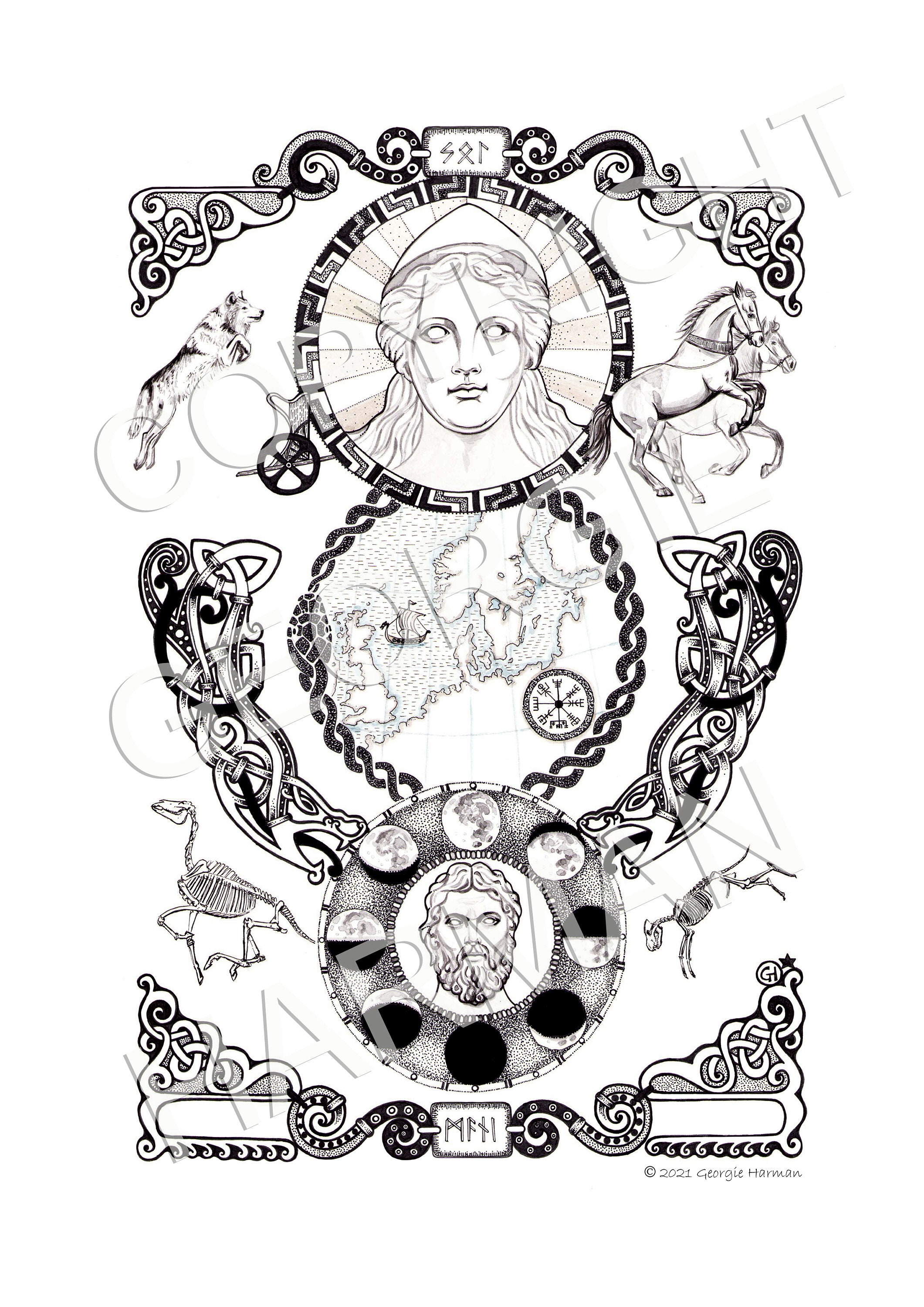 Sol and Mani - A4 Print - Norse Mythology - Viking Poster - Sun & Moon ...