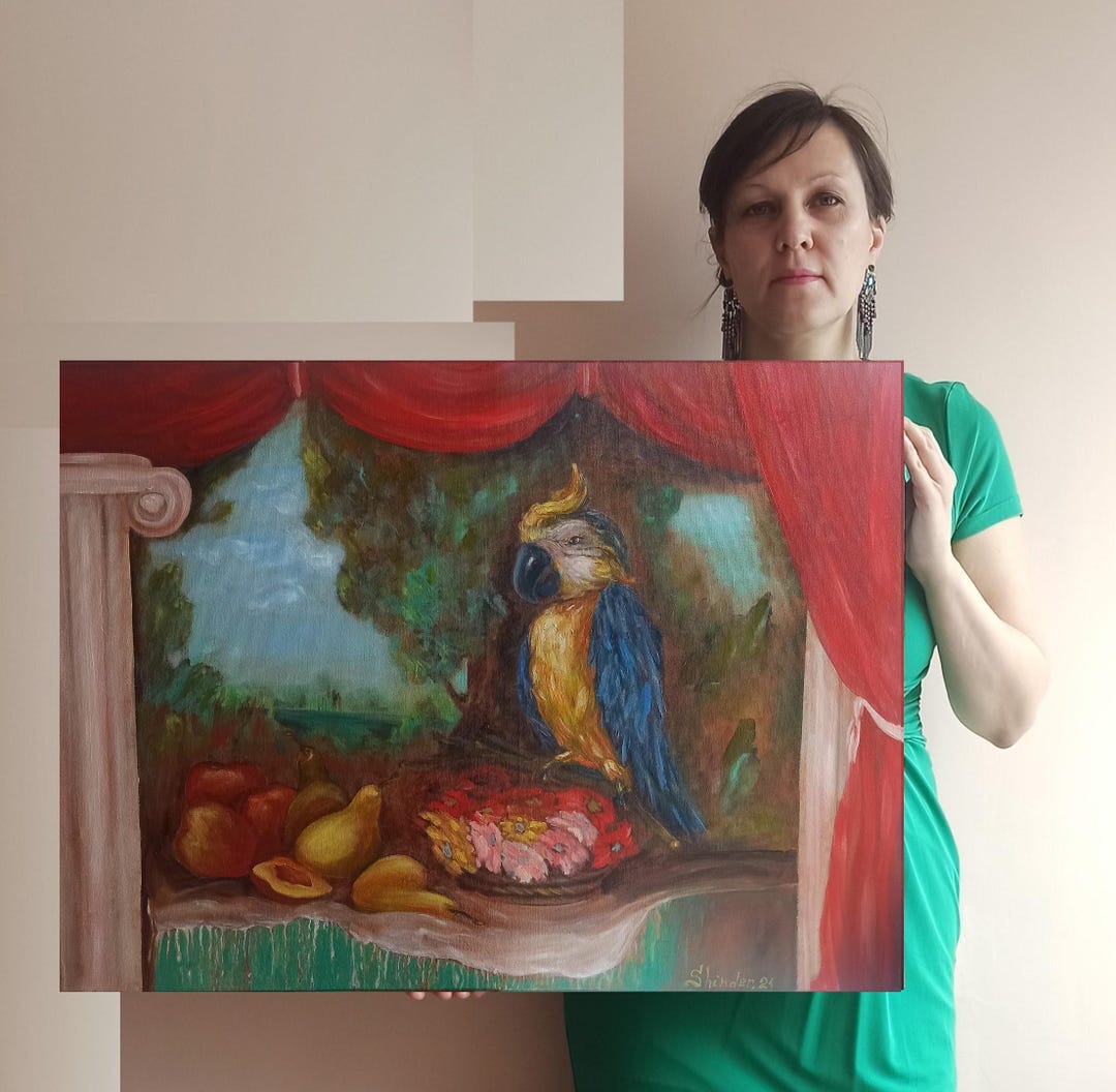 Large Vintage Style Original Painting Parrot Still Life Landscape ...