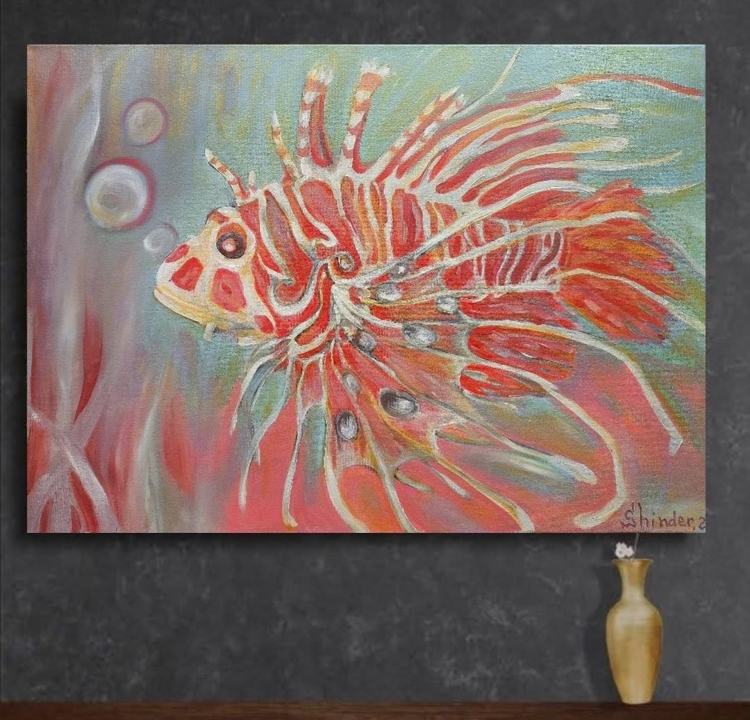 Large Fish Original Canvas, Lionfish Painting, Animals Artwork ...
