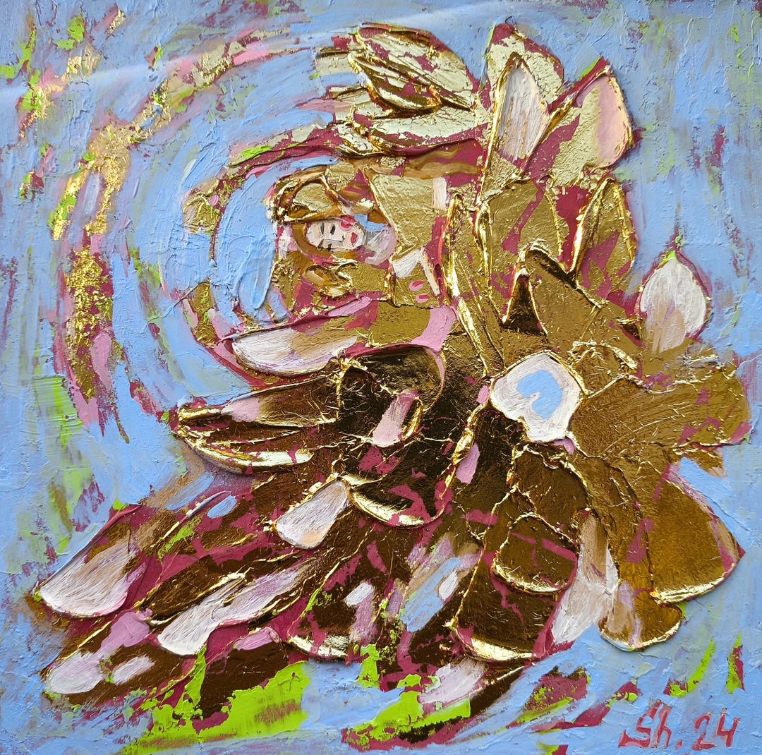 3D Gold Angel Painting, Spiritual Warfare Original, Heaven Sky Impasto ...