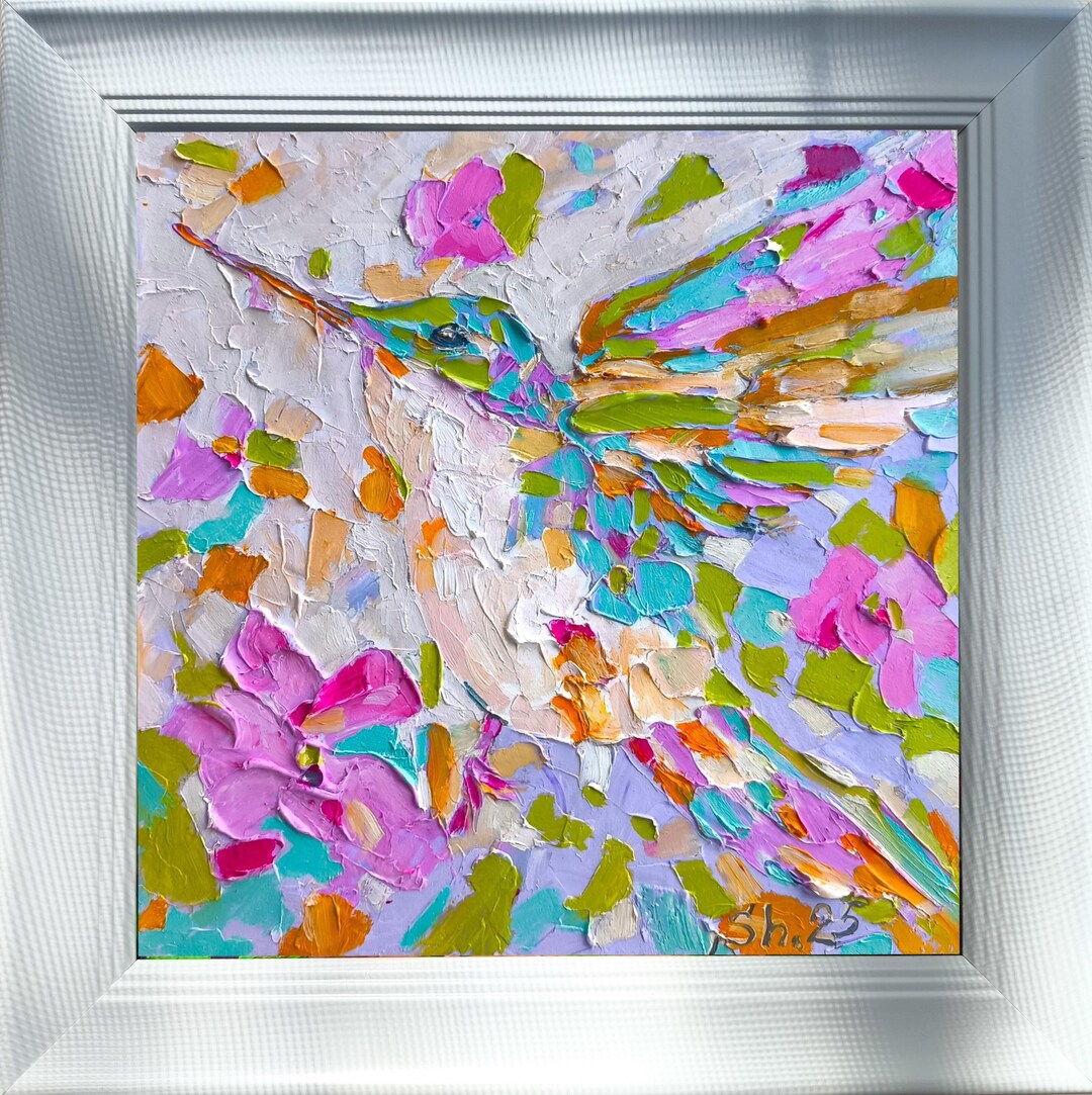 Hummingbird Original Framed, Colibri Bird Oil Painting, Animals Impasto ...