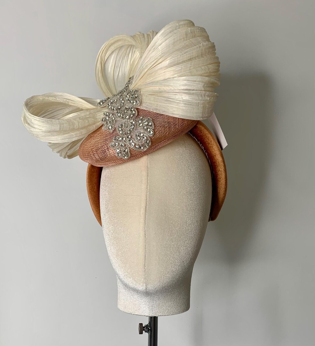 Bronze Button Fascinator Ivory Silk Abaca Bow Crystal Accents Wedding ...