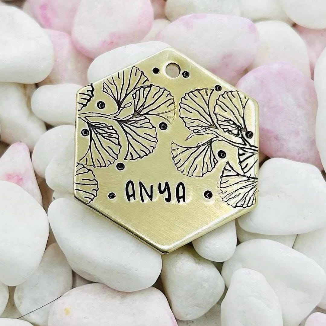 Hand Stamped Gingko Leaf Pet ID Tag: Personalized Hexagon Dog Collar ...