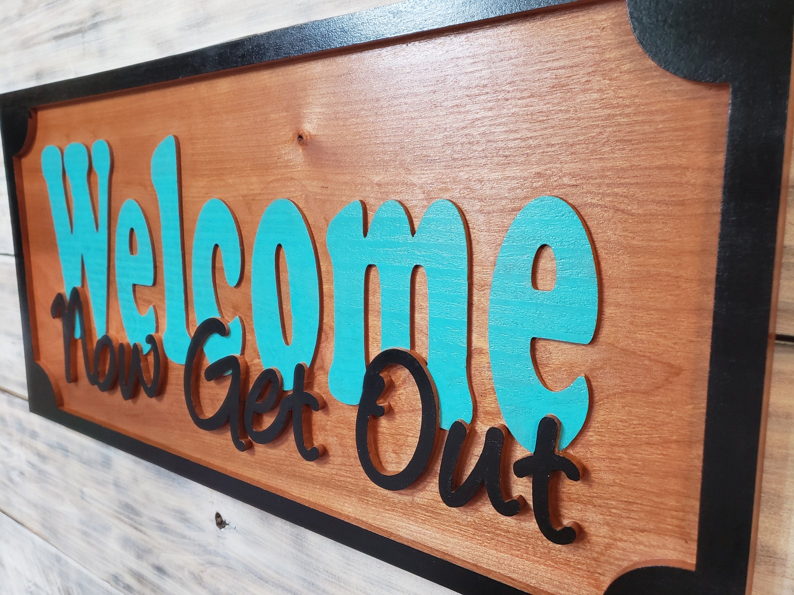 Welcome Now Get Out stacked text wooden sign | Etsy