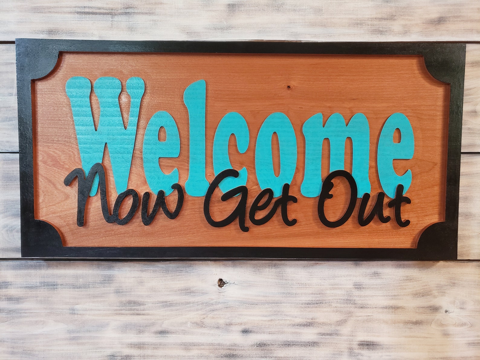Welcome Now Get Out stacked text wooden sign | Etsy