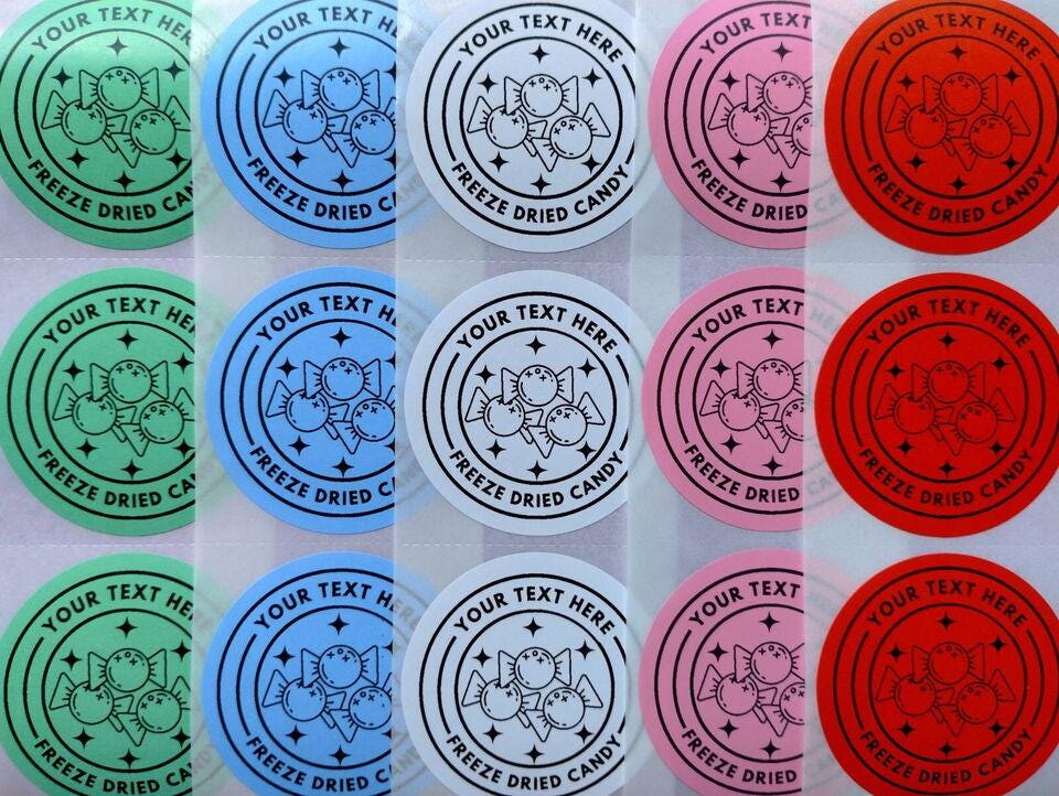 40 CUSTOM PRINTED Freeze Dried Candy Stickers 2" Round Labels Seals ...