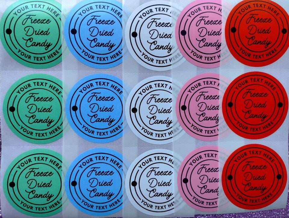 40 CUSTOM PRINTED Freeze Dried Candy Stickers 2" Round Labels Seals ...