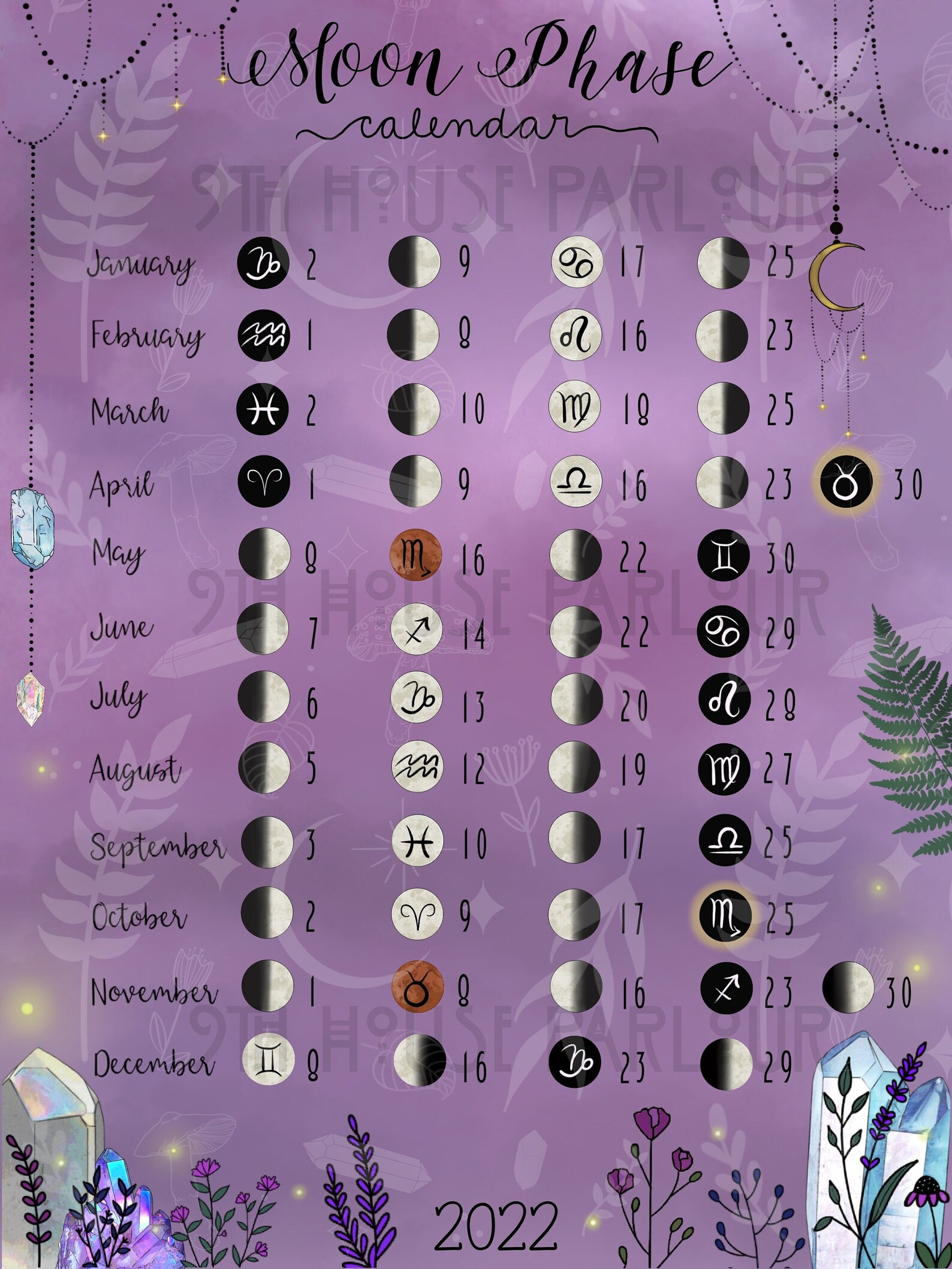 2022 Moon Phase Calendar Printable | GMT | Purple - Regular | 8 X 10 ...