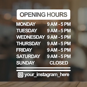 Opening Hours Sticker Decal Window Business Sign Custom Shop Store Door ...