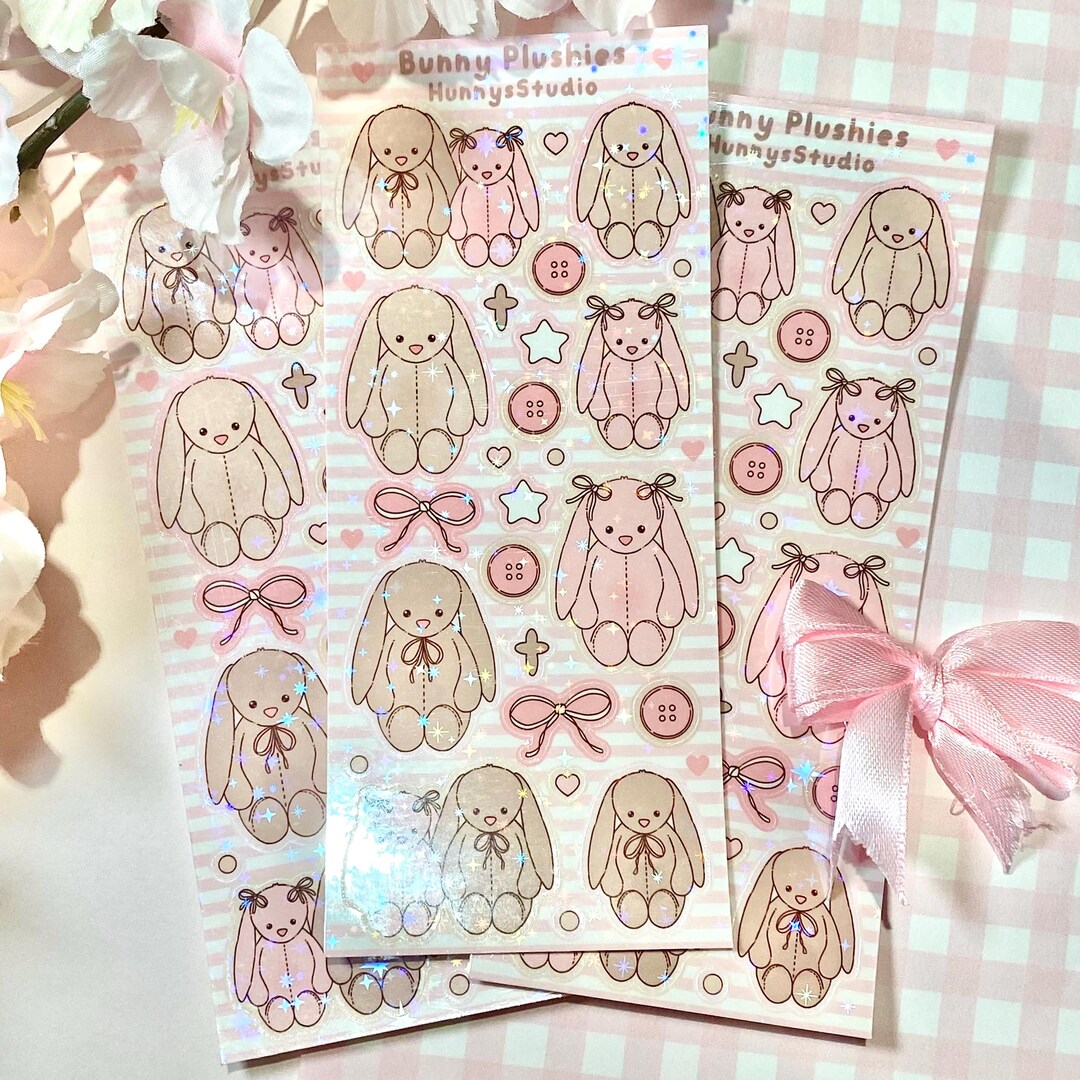 Bunny Plushies Vinyl Holo Sticker Sheet | Kawaii Pastel Rabbit Plush ...