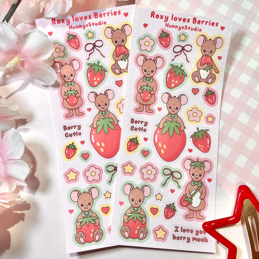 Roxy Strawberry Matte Vinyl Sticker Sheet | Kawaii Mouse Berry Coquette ...