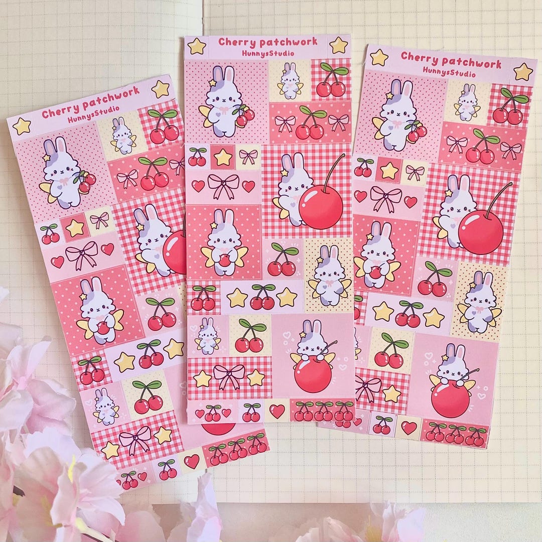 Cherry Patchwork Matte Vinyl Sticker Sheet | Kawaii Bunny Fairy Cherry ...