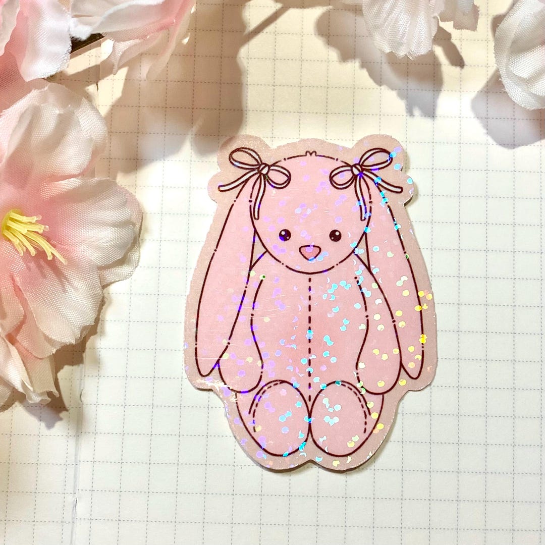 Pink Bunny Plushie Die Cut Sticker Holographic | Individual Vinyl Holo ...