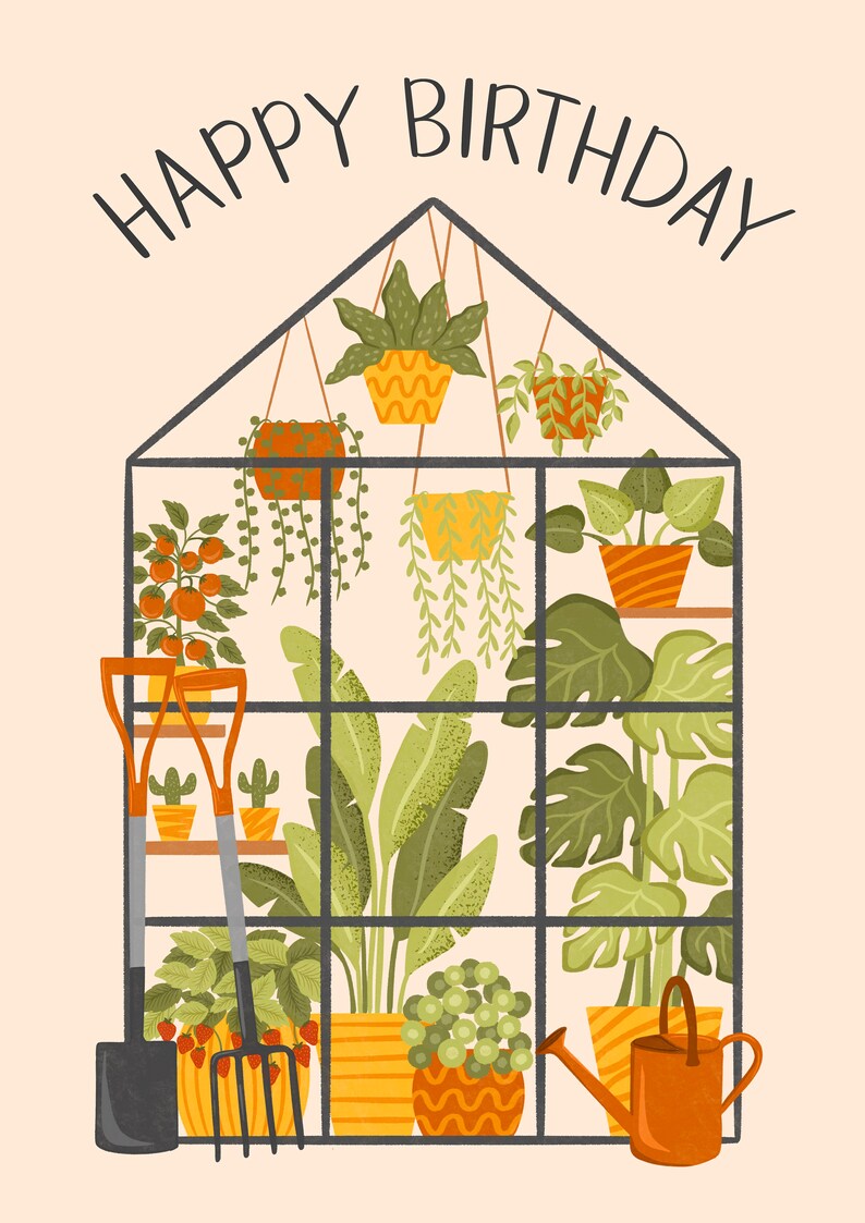 Happy Birthday Greenhouse Illustration Card, Birthday Gardening Card ...