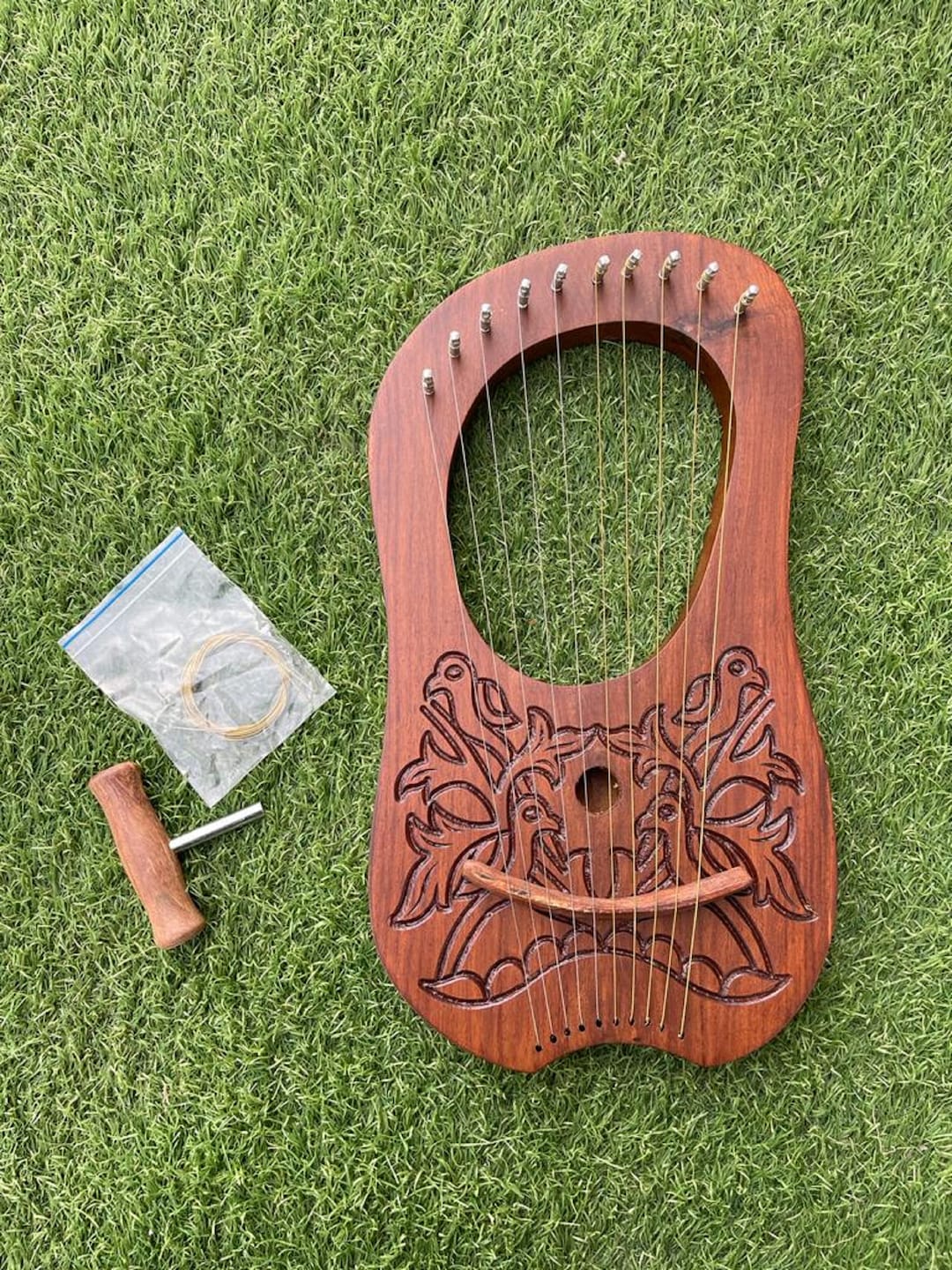 Handmade Rosewood Lyre Harp 10 Metal Strings, Wood Lyre Harp Free Case ...