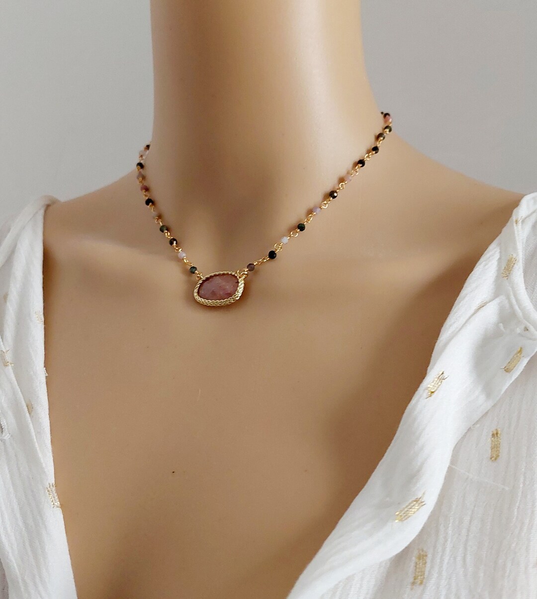 Pyrite and Rose Quartz Stone Necklace - Etsy
