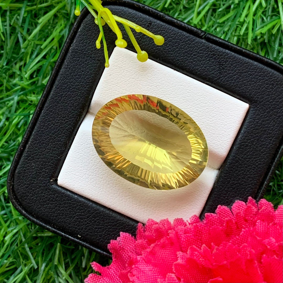 Natural Lemon Quartz Gemstone, Concave Cut, 30 Carats Oval Shape ...