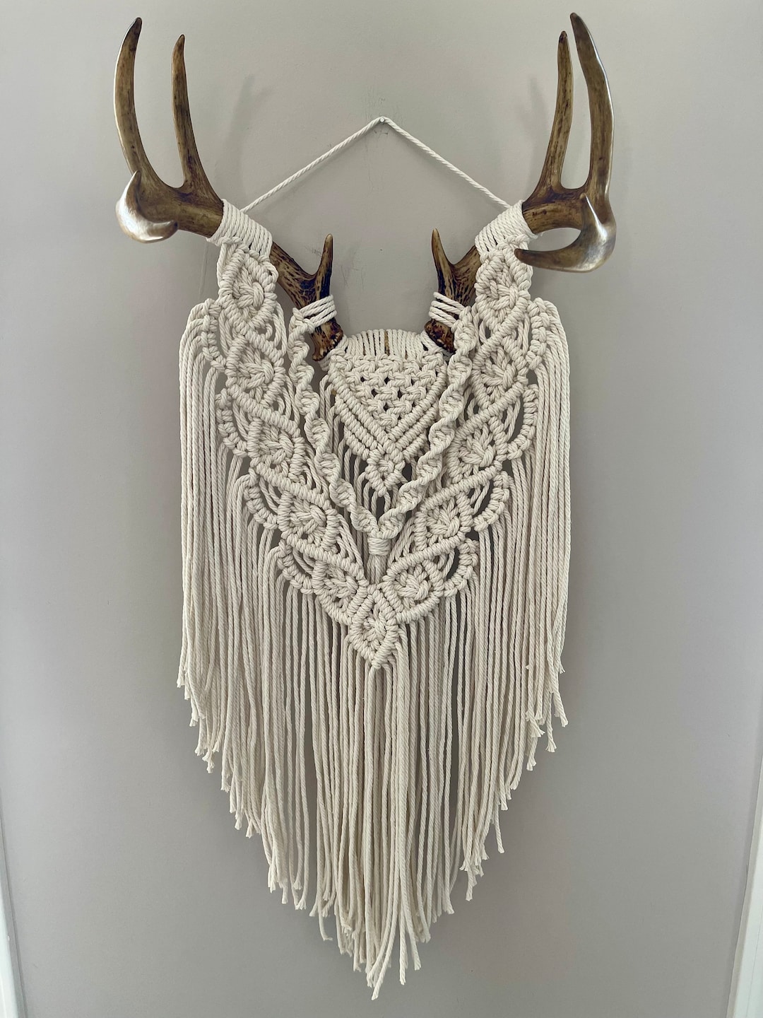Large Whitetail Deer Antlers With Macramé Wall Decor, Gift for Men ...