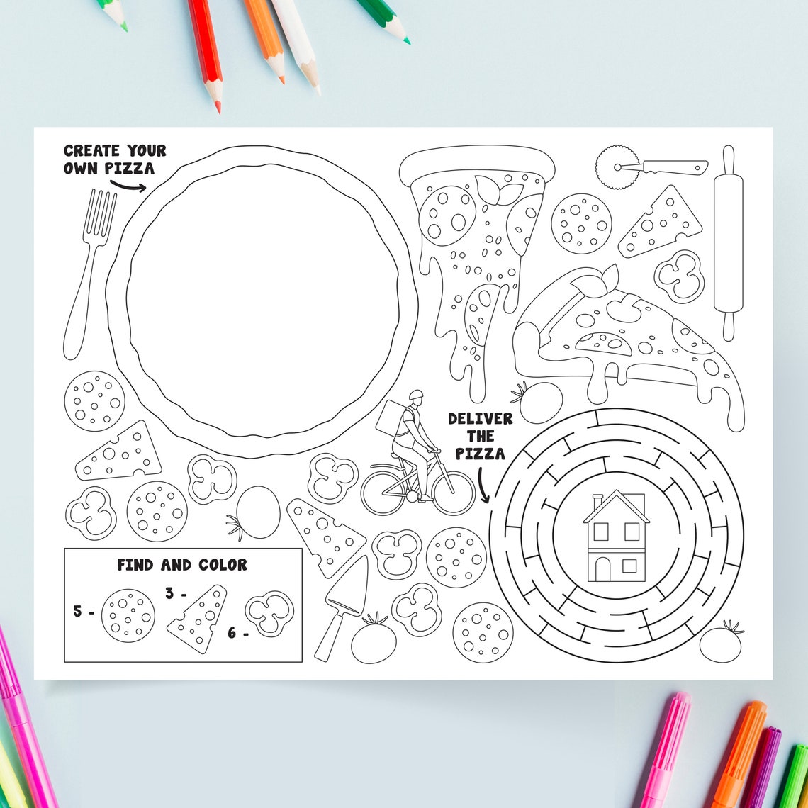 Pizza Coloring Page | Pizza Activity Page | Digital Printable | Pizza ...