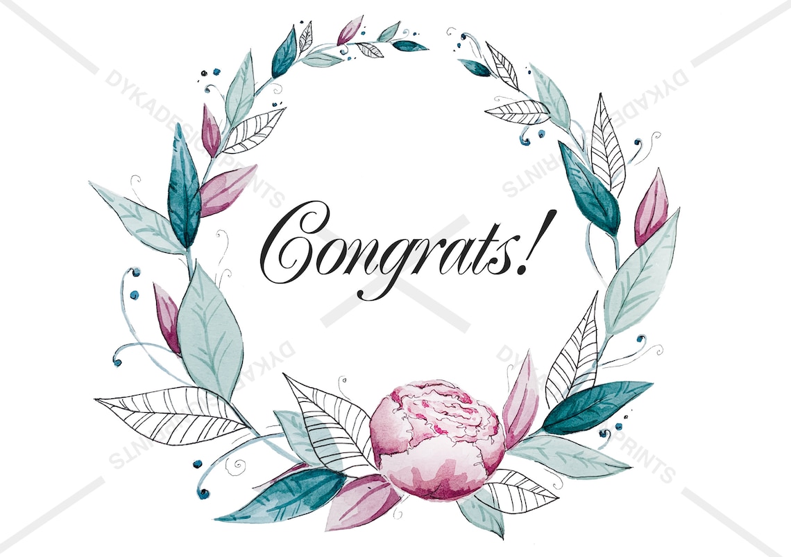 Printable Postcard CONGRATULATIONS Watercolor Flowers, Instant Download ...
