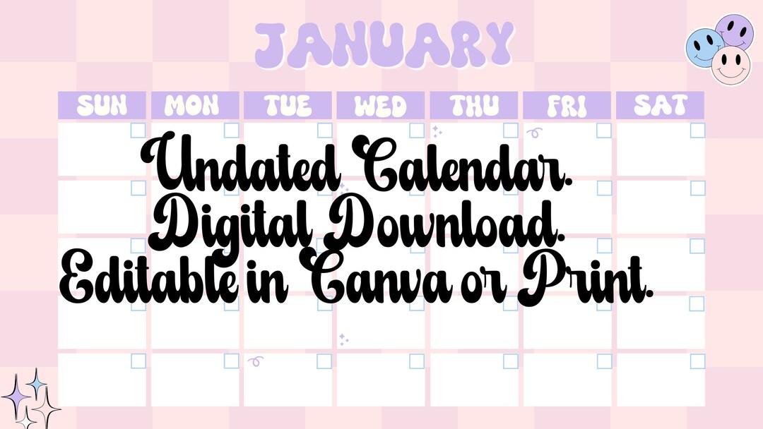 Undated Retro Calendar. Editable in Canva. Printable. SVG. PDF. PNG ...