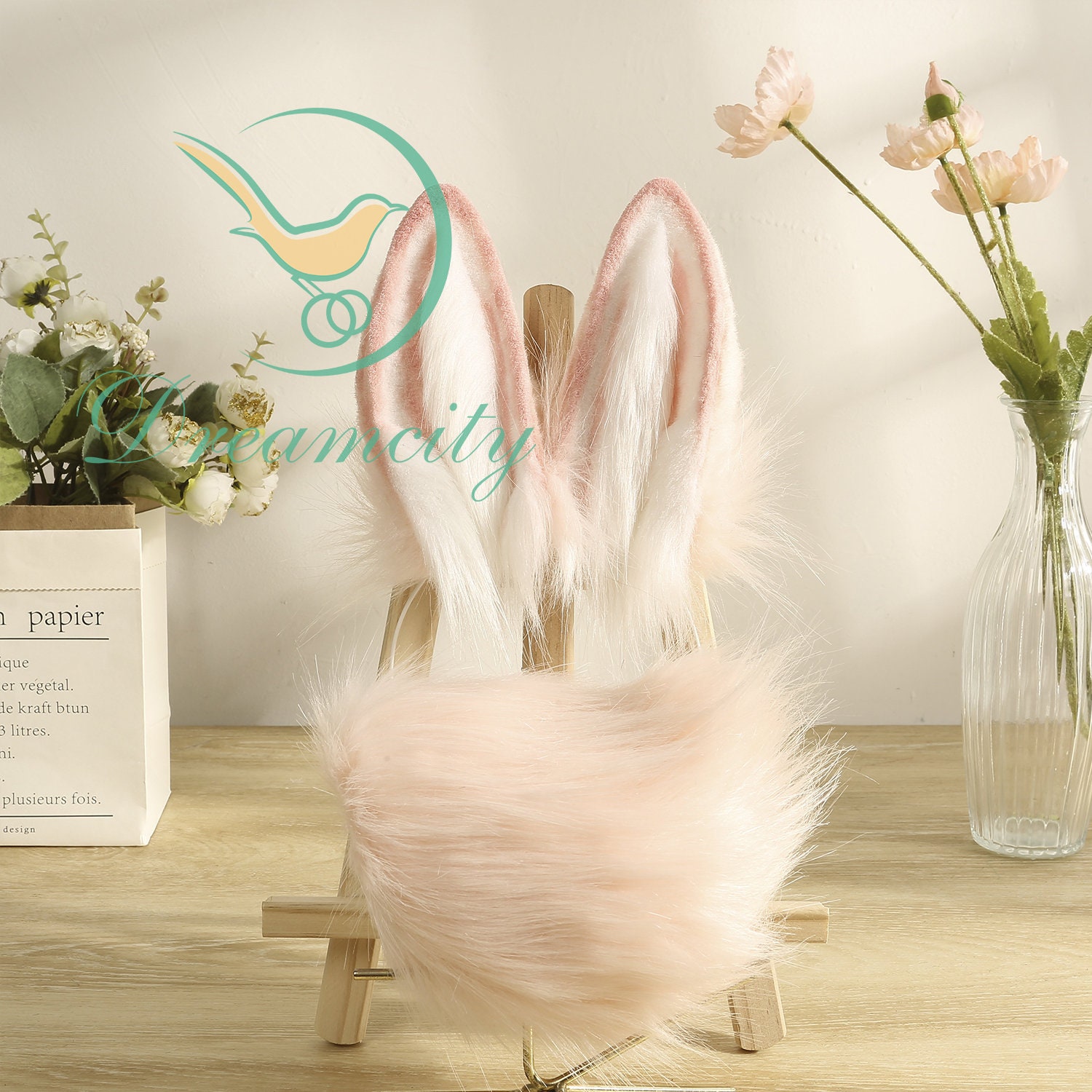 Pink And White Rabbit Ears And Bunny Tail Plug Can Be Added As A Sex
