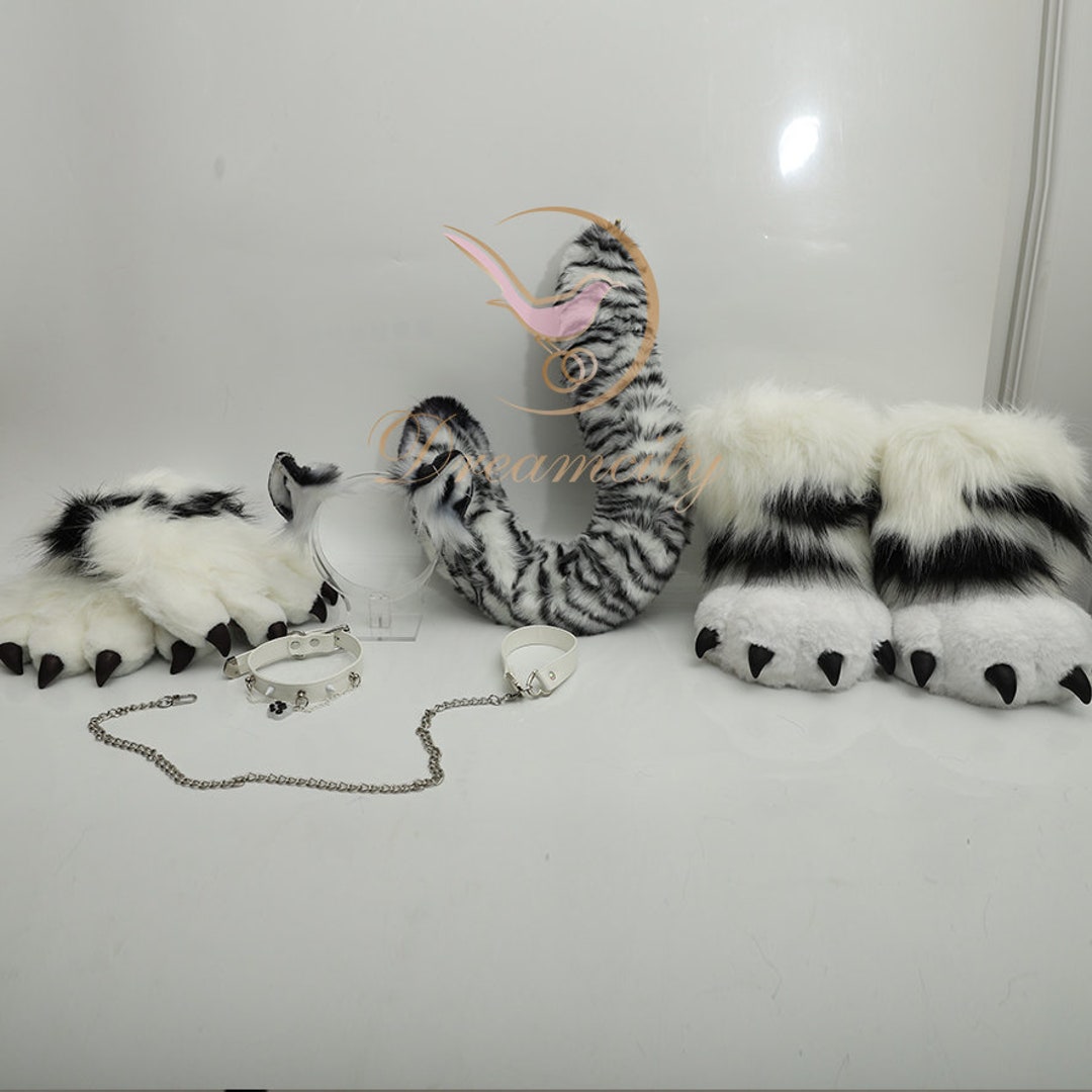 Handmade Snow Leopard Ears and Tail Collar Leash Cosplay Props Animal ...