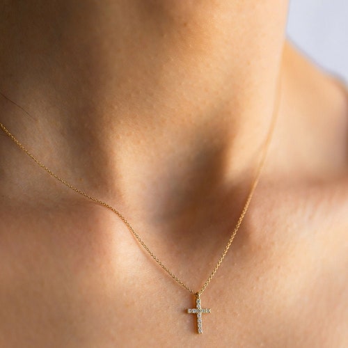 Mini Diamond Cross Necklace Real 14k Solid Gold Dainty Tiny - Etsy