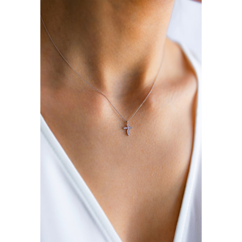 Mini Diamond Cross Necklace Real 14k Solid Gold Dainty Tiny - Etsy