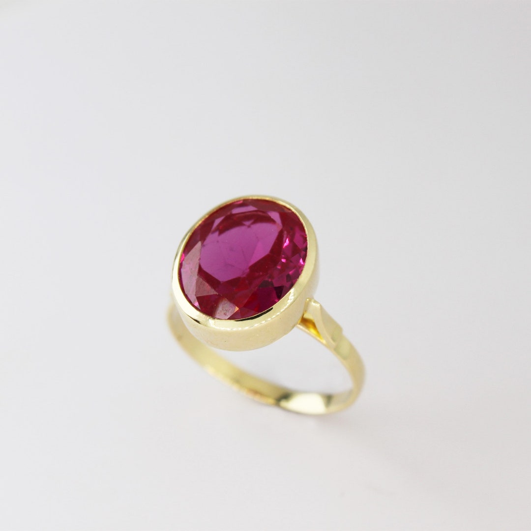 Pink Ring 14k Solid Gold Pinky Band Colorful Stone Ring Oval Pink Ring ...
