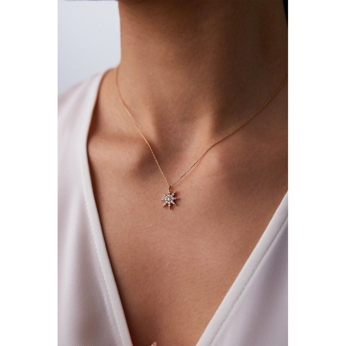 Sun Necklace Diamond Gemstone 14k Solid Gold 0.20ct Shining - Etsy