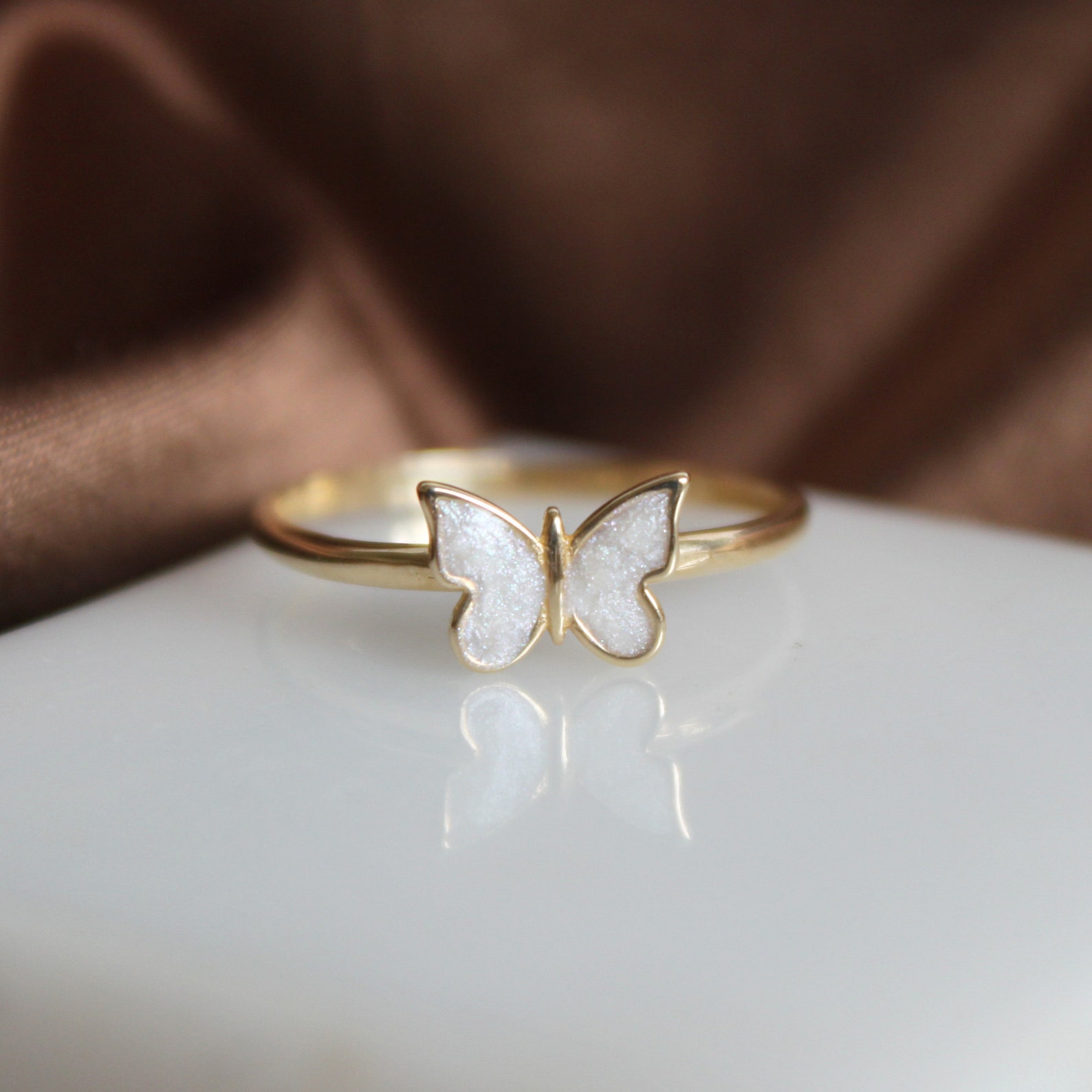 14k Gold Butterfly Ring White Enamel Butterfly Band Gold - Etsy