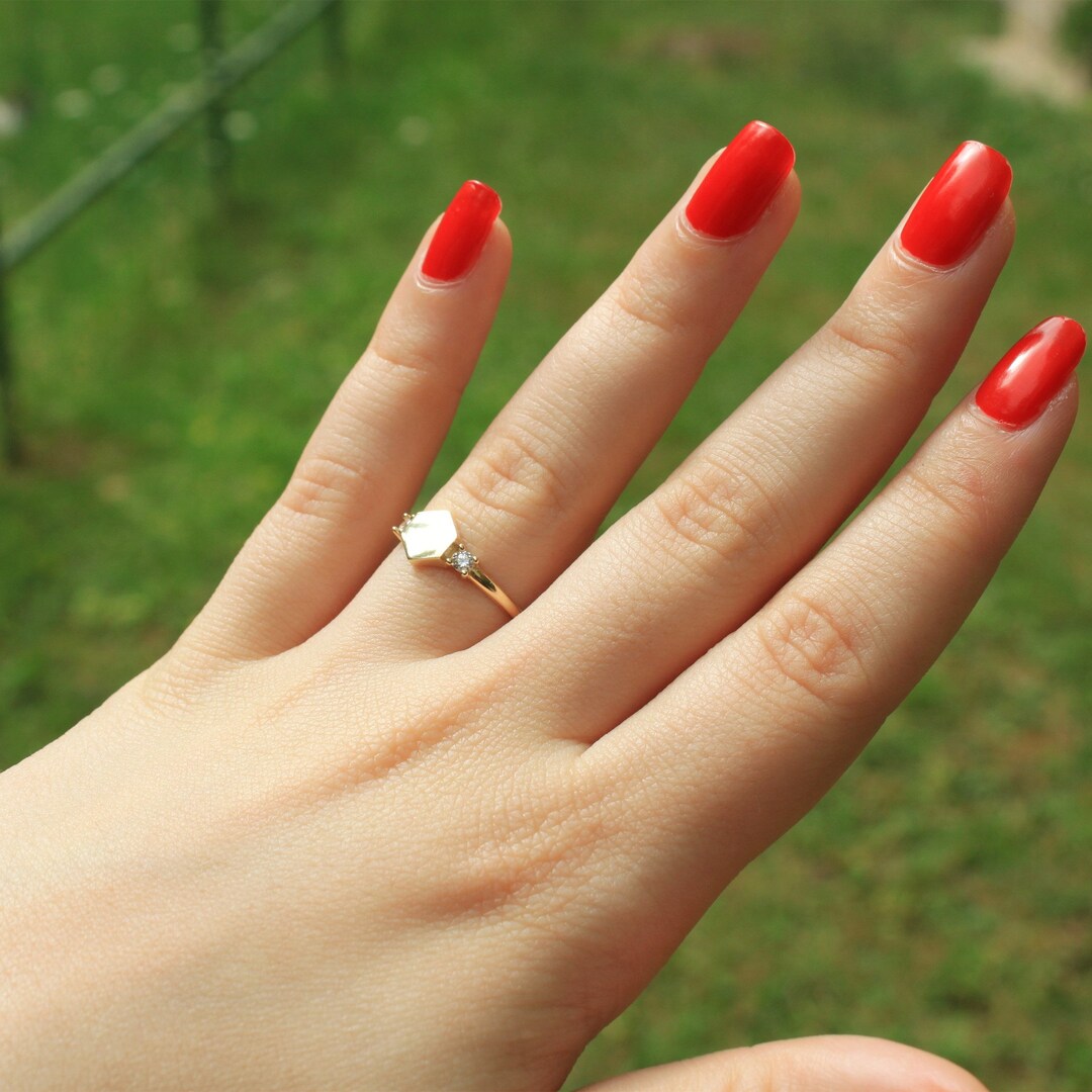 Hexagon Gold Ring 14k Solid Gold Geometric Ring Zircon Stone Ring ...