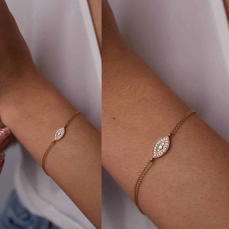 Eye Shaped Double Chain Bracelet Diamond Gemstone 14k Solid | Etsy