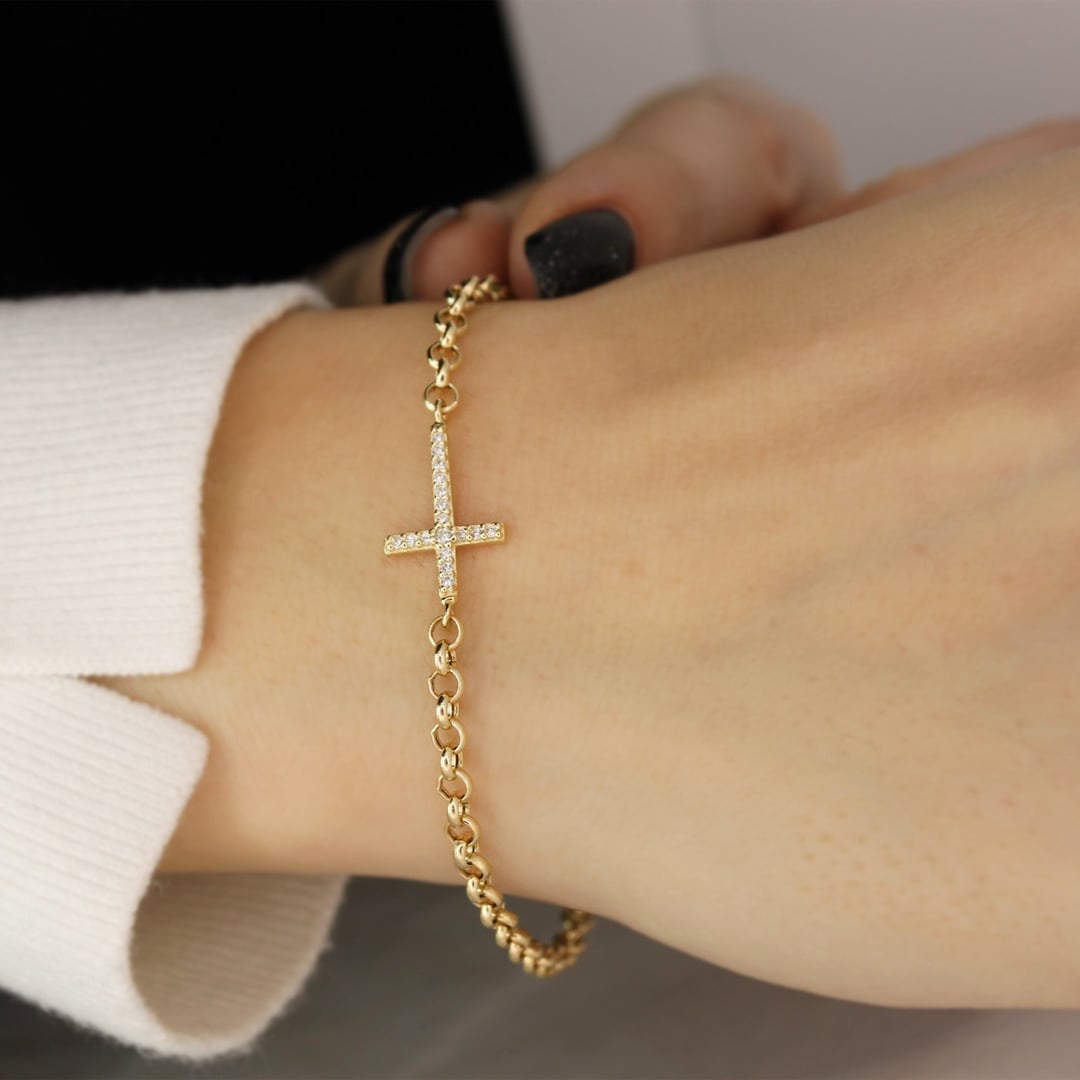 14k Gold Cross Bracelet Solid Gold Rolo Chain Bracelet Religion ...