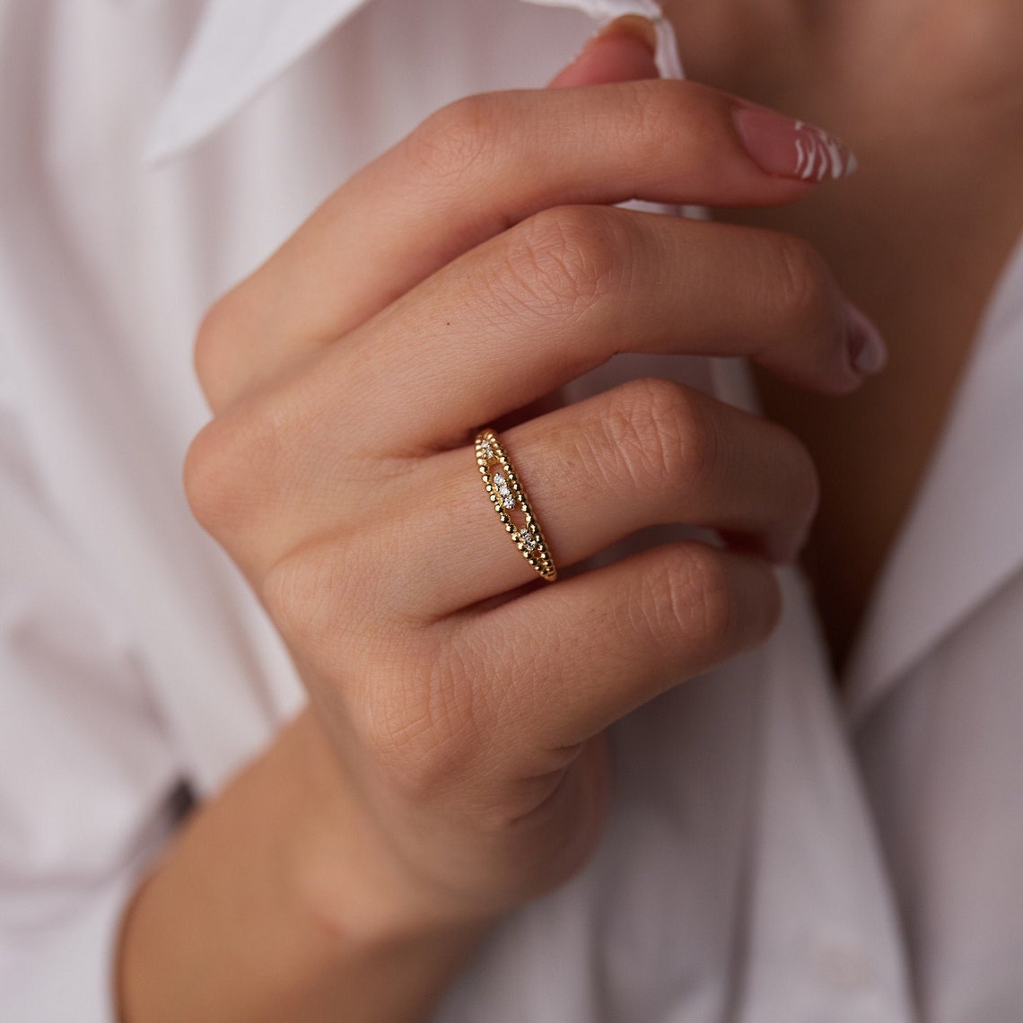 Bead Double Band Ring Diamond Gemstone Original 14k Solid Gold | Etsy