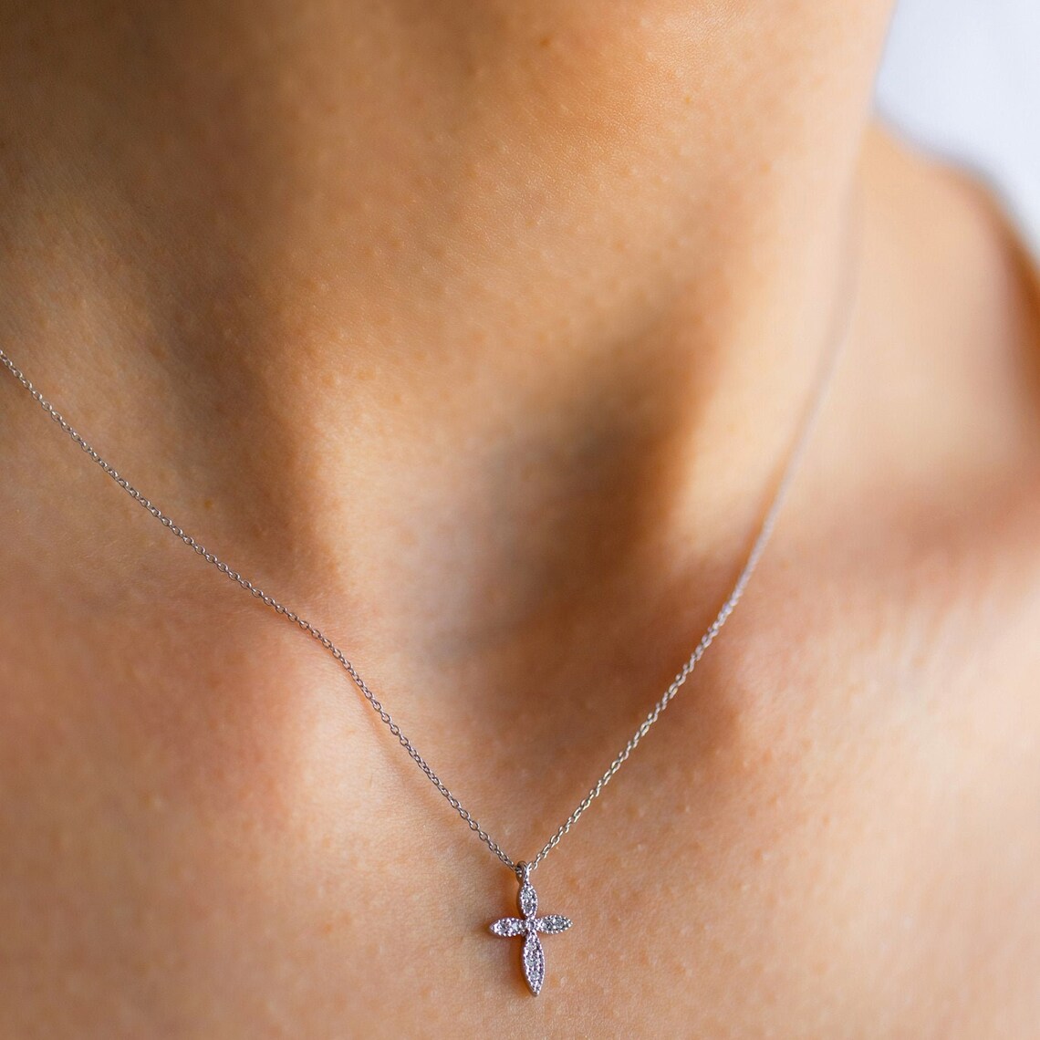 Mini Diamond Cross Necklace Real 14k Solid Gold Dainty Tiny - Etsy