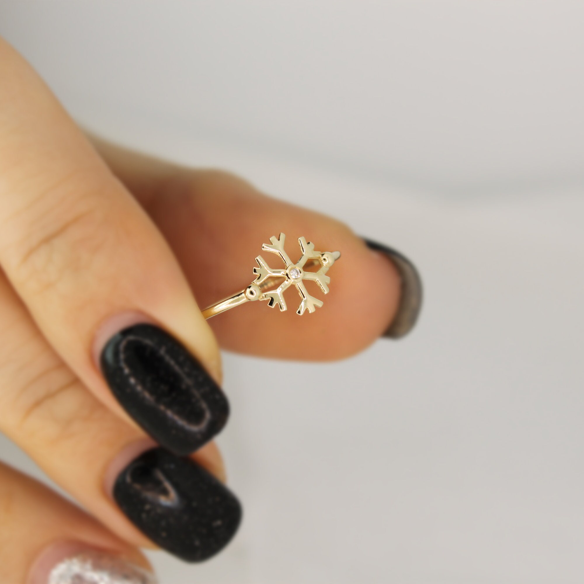 Diamond Snowflake Ring 14k Solid Gold Snowflake Band Dainty - Etsy