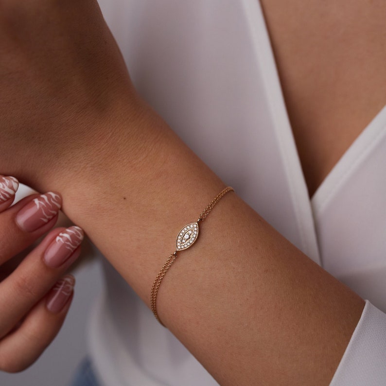 Eye Shaped Double Chain Bracelet Diamond Gemstone 14k Solid | Etsy