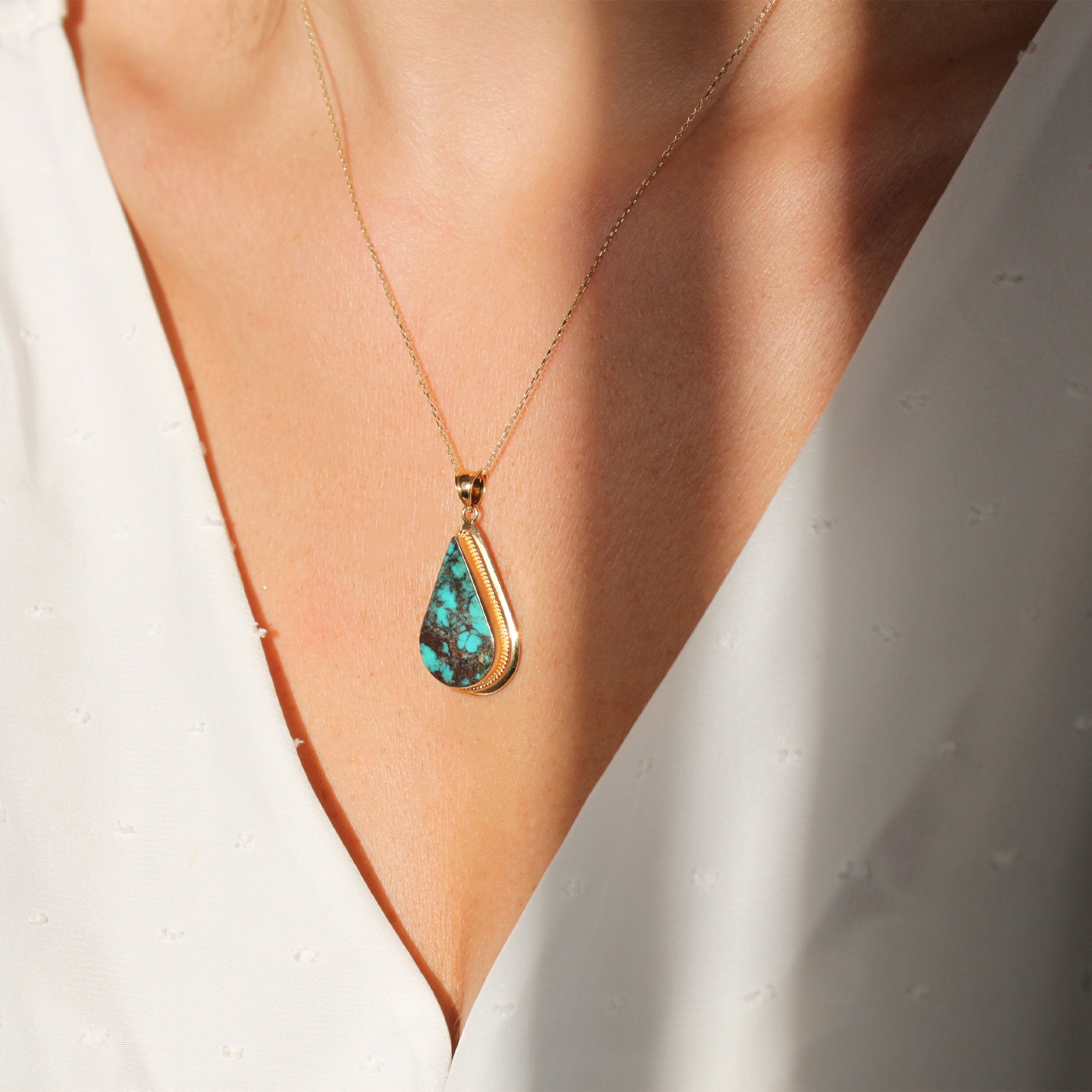 Teardrop Turquoise Necklace Gold Pear Cut Turquoise Pendant | Etsy